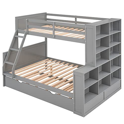 MERITLINE Twin Over Full Bunk Bed with Trundle and Storage Shelves, Solid Wood Bunk Bed Frame, can be Separated into Three Separate Platform Beds, Gray