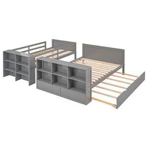 MERITLINE Twin Over Full Bunk Bed with Trundle and Storage Shelves, Solid Wood Bunk Bed Frame, can be Separated into Three Separate Platform Beds, Gray