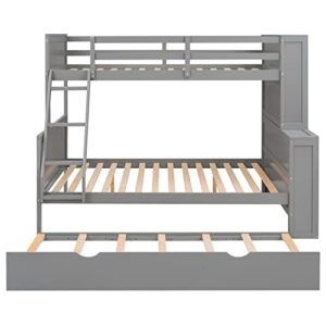 MERITLINE Twin Over Full Bunk Bed with Trundle and Storage Shelves, Solid Wood Bunk Bed Frame, can be Separated into Three Separate Platform Beds, Gray