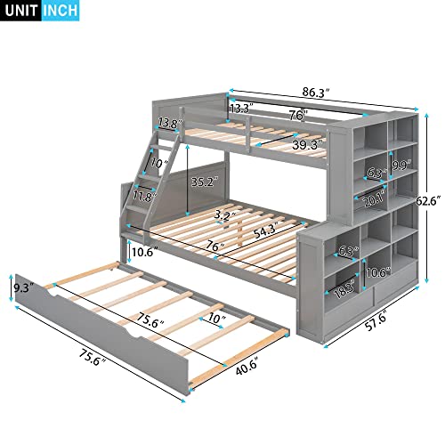 MERITLINE Twin Over Full Bunk Bed with Trundle and Storage Shelves, Solid Wood Bunk Bed Frame, can be Separated into Three Separate Platform Beds, Gray