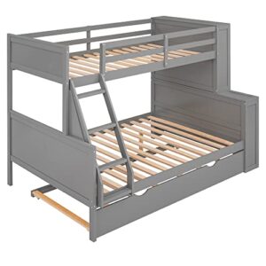 MERITLINE Twin Over Full Bunk Bed with Trundle and Storage Shelves, Solid Wood Bunk Bed Frame, can be Separated into Three Separate Platform Beds, Gray