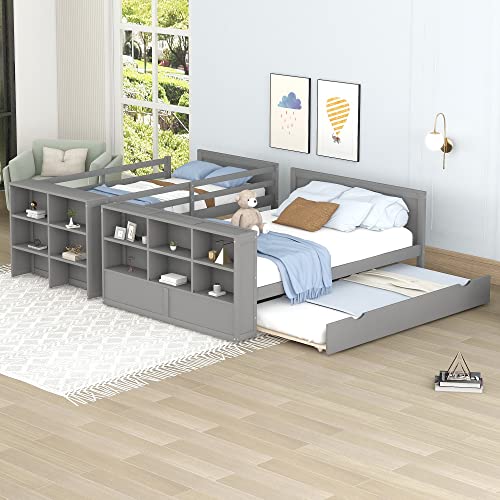 MERITLINE Twin Over Full Bunk Bed with Trundle and Storage Shelves, Solid Wood Bunk Bed Frame, can be Separated into Three Separate Platform Beds, Gray