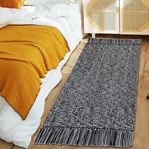 boho kitchen runner rug 2x4.3, 100% cotton hand-woven washable rug with tassels modern farmhouse bathroom rug for bedroom laundry kitchen hallway entryway, black