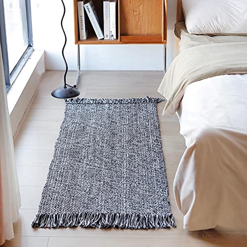 Boho Kitchen Runner Rug 2x4.3, 100% Cotton Hand-Woven Washable Rug with Tassels Modern Farmhouse Bathroom Rug for Bedroom Laundry Kitchen Hallway Entryway, Black