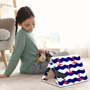 RATGDN Small Pet Hideout Blue Marine Anchors Nautical Hamster House Guinea Pig Playhouse for Dwarf Rabbits Hedgehogs Chinchillas