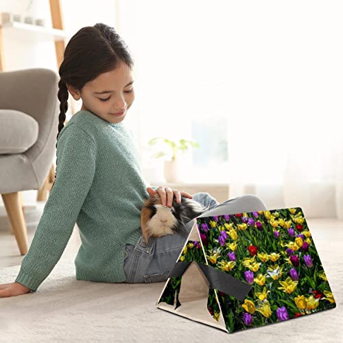 RATGDN Small Pet Hideout Colorful Flower Purple Yellow Tulip Hamster House Guinea Pig Playhouse for Dwarf Rabbits Hedgehogs Chinchillas