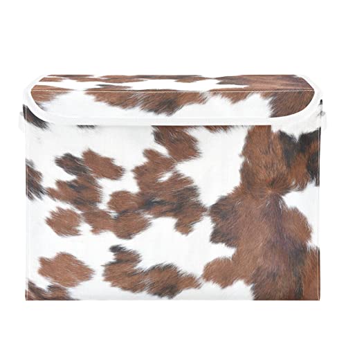 Kigai Storage Basket White Brown Print Cow Storage Boxes with Lids and Handle, Large Storage Cube Bin Collapsible for Shelves Closet Bedroom Living Room, 16.5x12.6x11.8 In