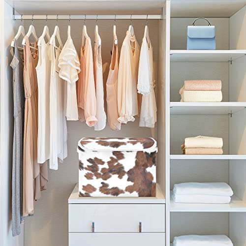 Kigai Storage Basket White Brown Print Cow Storage Boxes with Lids and Handle, Large Storage Cube Bin Collapsible for Shelves Closet Bedroom Living Room, 16.5x12.6x11.8 In