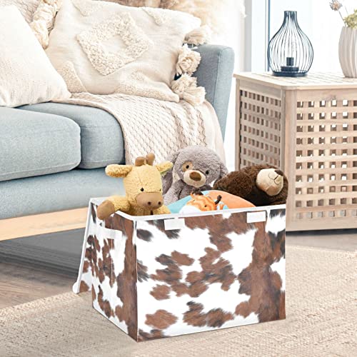 Kigai Storage Basket White Brown Print Cow Storage Boxes with Lids and Handle, Large Storage Cube Bin Collapsible for Shelves Closet Bedroom Living Room, 16.5x12.6x11.8 In