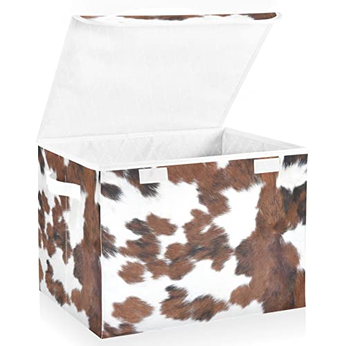 Kigai Storage Basket White Brown Print Cow Storage Boxes with Lids and Handle, Large Storage Cube Bin Collapsible for Shelves Closet Bedroom Living Room, 16.5x12.6x11.8 In