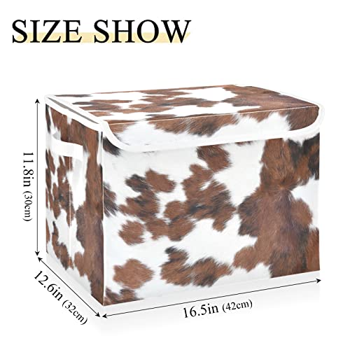 Kigai Storage Basket White Brown Print Cow Storage Boxes with Lids and Handle, Large Storage Cube Bin Collapsible for Shelves Closet Bedroom Living Room, 16.5x12.6x11.8 In