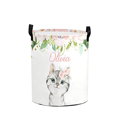 Floral Cat Soft Pink Personalized Laundry Basket Clothes Hamper with Handles Waterproof,Collapsible Laundry Storage Baskets for Bathroom,Bedroom Decorative