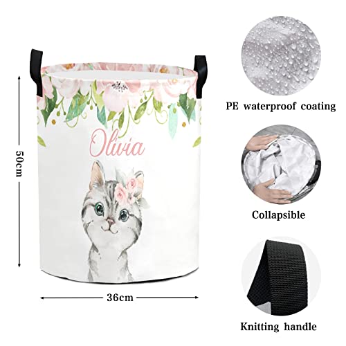 Floral Cat Soft Pink Personalized Laundry Basket Clothes Hamper with Handles Waterproof,Collapsible Laundry Storage Baskets for Bathroom,Bedroom Decorative