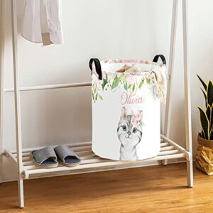 Floral Cat Soft Pink Personalized Laundry Basket Clothes Hamper with Handles Waterproof,Collapsible Laundry Storage Baskets for Bathroom,Bedroom Decorative