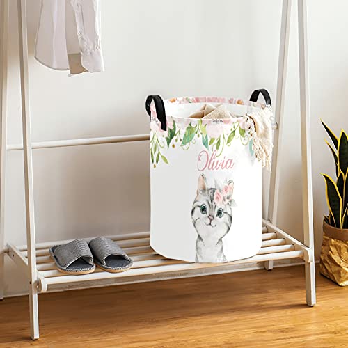 Floral Cat Soft Pink Personalized Laundry Basket Clothes Hamper with Handles Waterproof,Collapsible Laundry Storage Baskets for Bathroom,Bedroom Decorative