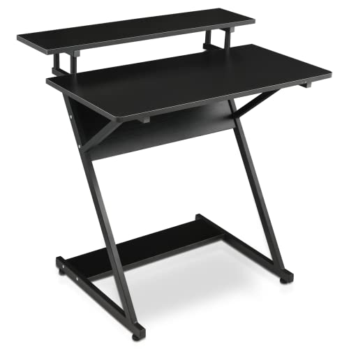 Magshion Computer Desk with Monitor Shelf 3 Tier Z-Shape Leg Frame Black Home Office Writing Study Black Table Workstation Table