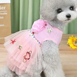 QWINEE Sequin Patch & Flower Decor Dog Dress Cat Puppy Sleeveless Mesh Princess Dress Breathable Soft Bling Pet Tutu Skirt Dresses for Small Medium Large Dogs Cats Kitten Light Pink S