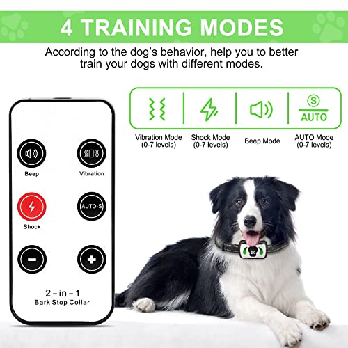 [2023 Upgrade] Bark Collar with Additional Mini Remote - Dog Bark Collar with 4 Training Modes - IPX7 Waterproof Dog Shock Collar for Indoor, Garden & Courtyard, Safe Bark Collar for Most Breed Sizes