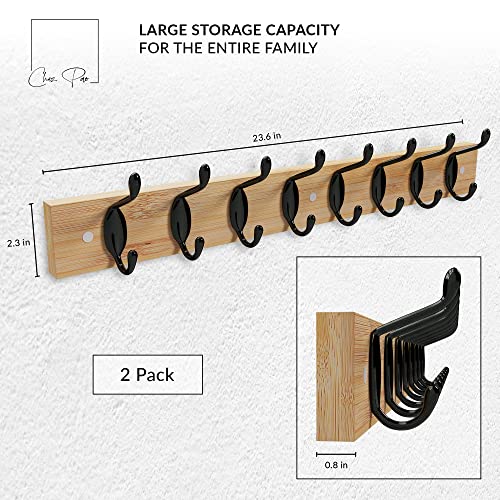 Chez Pao Coat Rack Wall Mount (2 Pack) Bamboo Coat Hangers for Wall with 8 Hooks - Wall Mounted Coat Rack - Wall Coat Rack - Coat Hanger Wall Mount