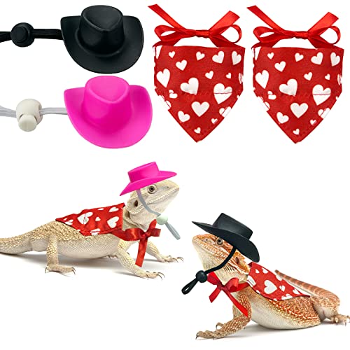 Vehomy 4Pcs Valentine's Day Bearded Dragon Outfit Bearded Dragon Cowboy Hat & Lizard Bandana Small Pet Love Heart Scarf Cowboy Costume Accessories for Lizard Hamster Leopard Gecko