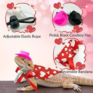 Vehomy 4Pcs Valentine's Day Bearded Dragon Outfit Bearded Dragon Cowboy Hat & Lizard Bandana Small Pet Love Heart Scarf Cowboy Costume Accessories for Lizard Hamster Leopard Gecko