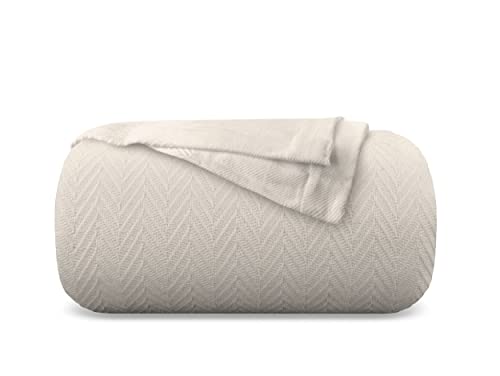 Carressa Linen Pure Cotton, Luxury King Size Sand Blanket Herringbone Pattern, Lightweight, Soft & Cozy Premium Fall Throw Blanket for All Seasons, 350GSM & 106X92 with Free Cotton Pouch