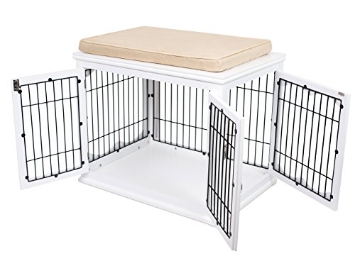 BIRDROCK HOME Decorative Dog Kennel with Pet Bed for Small Dogs - White - Double Door - Wooden Wire Dog House - Indoor Pet Dog Crate Side Table - Bed Nightstand