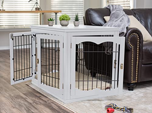 BIRDROCK HOME Decorative Dog Kennel with Pet Bed for Small Dogs - White - Double Door - Wooden Wire Dog House - Indoor Pet Dog Crate Side Table - Bed Nightstand