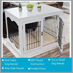 BIRDROCK HOME Decorative Dog Kennel with Pet Bed for Small Dogs - White - Double Door - Wooden Wire Dog House - Indoor Pet Dog Crate Side Table - Bed Nightstand