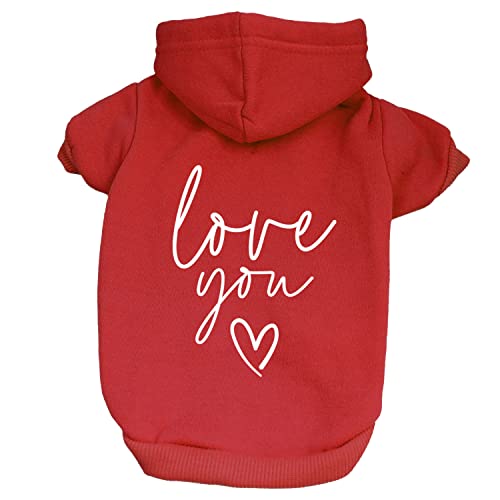 Love You Valentine's Day Pullover Fleece Lined Dog Hoodie with Leash Hole (Red Hooded Sweatshirt)