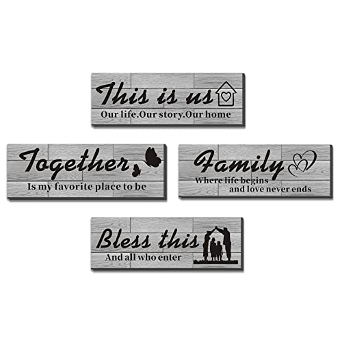 4pcs Home Decor Signs This is us/Together/Family/Bless this home,Rustic Wooden Wall Art Decor,Farmhouse Wall Signs for Bedroom Living Room,4.7 x 13.8 Inch (light gray)