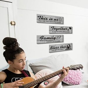 4pcs Home Decor Signs This is us/Together/Family/Bless this home,Rustic Wooden Wall Art Decor,Farmhouse Wall Signs for Bedroom Living Room,4.7 x 13.8 Inch (light gray)