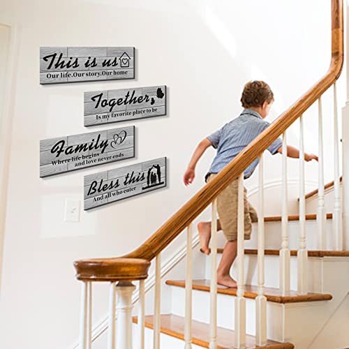 4pcs Home Decor Signs This is us/Together/Family/Bless this home,Rustic Wooden Wall Art Decor,Farmhouse Wall Signs for Bedroom Living Room,4.7 x 13.8 Inch (light gray)