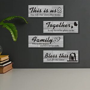 4pcs Home Decor Signs This is us/Together/Family/Bless this home,Rustic Wooden Wall Art Decor,Farmhouse Wall Signs for Bedroom Living Room,4.7 x 13.8 Inch (light gray)