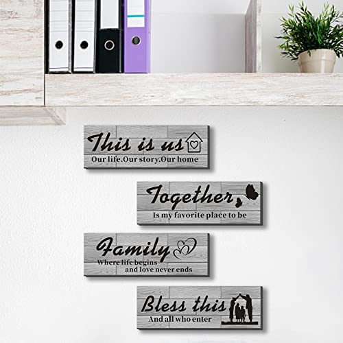 4pcs Home Decor Signs This is us/Together/Family/Bless this home,Rustic Wooden Wall Art Decor,Farmhouse Wall Signs for Bedroom Living Room,4.7 x 13.8 Inch (light gray)