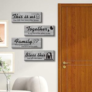 4pcs Home Decor Signs This is us/Together/Family/Bless this home,Rustic Wooden Wall Art Decor,Farmhouse Wall Signs for Bedroom Living Room,4.7 x 13.8 Inch (light gray)