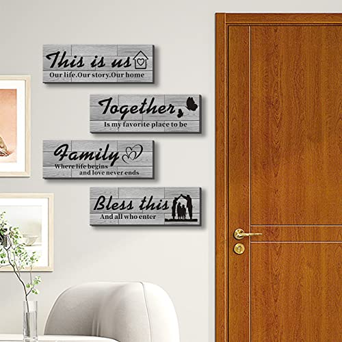 4pcs Home Decor Signs This is us/Together/Family/Bless this home,Rustic Wooden Wall Art Decor,Farmhouse Wall Signs for Bedroom Living Room,4.7 x 13.8 Inch (light gray)