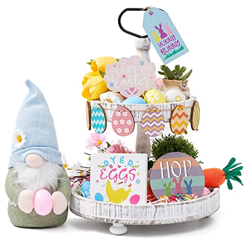 HOMDAILY 11 Pieces Easter Decorations-Easter Tiered Tray Decor Bundle-Easter Wooden Eggs Garland&3 Decorative Blocks&1 Sign-Gnome Bunny Plush-Rustic Farmhouse Spring Decor for Home Kitchen Table Shelf