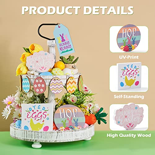 HOMDAILY 11 Pieces Easter Decorations-Easter Tiered Tray Decor Bundle-Easter Wooden Eggs Garland&3 Decorative Blocks&1 Sign-Gnome Bunny Plush-Rustic Farmhouse Spring Decor for Home Kitchen Table Shelf