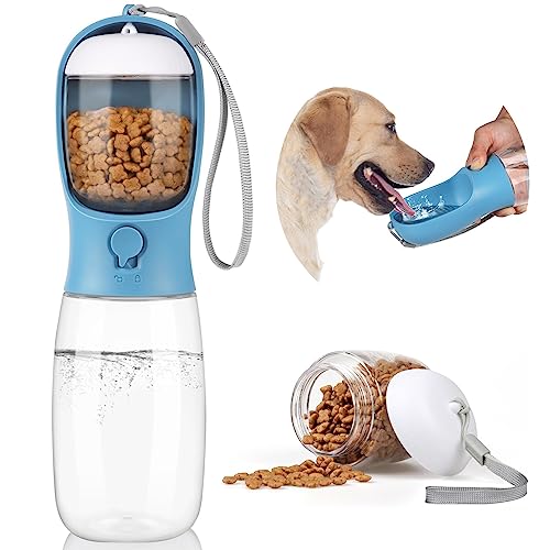 Kytely Dog Water Bottle, Portable Pet Water Bottle with Food Container,Leak Proof Puppy Water Dispenser with Drinking Feeder for Cat,Pets Outdoor Walking,Hiking,Puppy Essentials,Dog Stuff (19oz Blue)