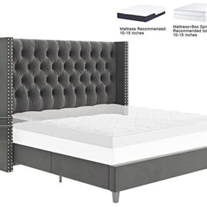 Jocisland King Bed Frame Wingback Headboard Upholstered Bed Velvet Tufted Deep Button/No Box Spring Needed/Easy Assembly/Dark Gray