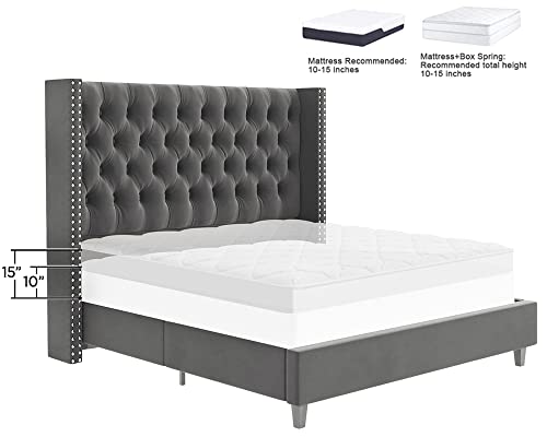 Jocisland King Bed Frame Wingback Headboard Upholstered Bed Velvet Tufted Deep Button/No Box Spring Needed/Easy Assembly/Dark Gray