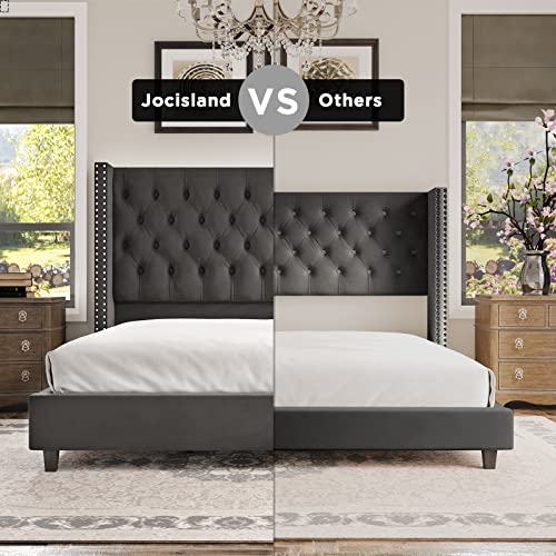 Jocisland King Bed Frame Wingback Headboard Upholstered Bed Velvet Tufted Deep Button/No Box Spring Needed/Easy Assembly/Dark Gray