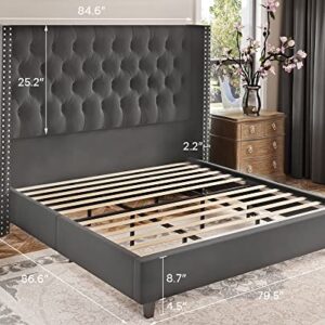 Jocisland King Bed Frame Wingback Headboard Upholstered Bed Velvet Tufted Deep Button/No Box Spring Needed/Easy Assembly/Dark Gray