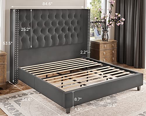 Jocisland King Bed Frame Wingback Headboard Upholstered Bed Velvet Tufted Deep Button/No Box Spring Needed/Easy Assembly/Dark Gray