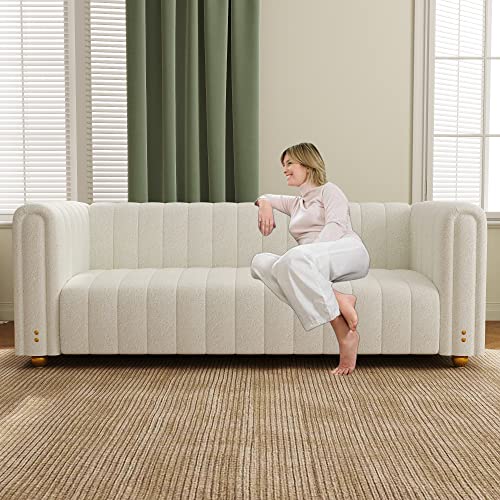 RUNOLIG Velvet Couch, Upholstered Chesterfield Sofa with Unique Level Arms and Golden Ball Legs, Comfy Couch with Vertical Stripe Style and Wooden Frame, Couches for Living Room, Apartment (White)