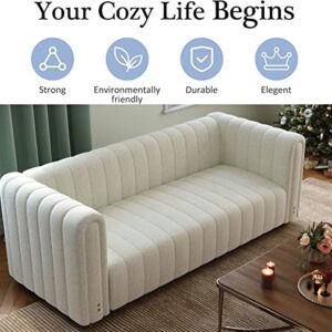 RUNOLIG Velvet Couch, Upholstered Chesterfield Sofa with Unique Level Arms and Golden Ball Legs, Comfy Couch with Vertical Stripe Style and Wooden Frame, Couches for Living Room, Apartment (White)