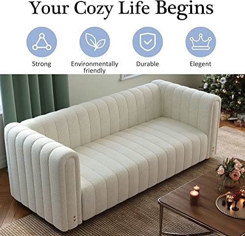 RUNOLIG Velvet Couch, Upholstered Chesterfield Sofa with Unique Level Arms and Golden Ball Legs, Comfy Couch with Vertical Stripe Style and Wooden Frame, Couches for Living Room, Apartment (White)