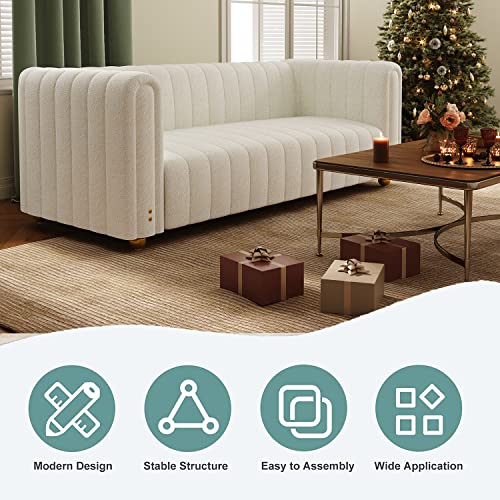 RUNOLIG Velvet Couch, Upholstered Chesterfield Sofa with Unique Level Arms and Golden Ball Legs, Comfy Couch with Vertical Stripe Style and Wooden Frame, Couches for Living Room, Apartment (White)