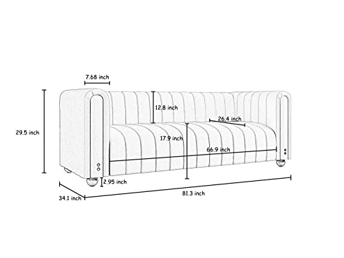 RUNOLIG Velvet Couch, Upholstered Chesterfield Sofa with Unique Level Arms and Golden Ball Legs, Comfy Couch with Vertical Stripe Style and Wooden Frame, Couches for Living Room, Apartment (White)